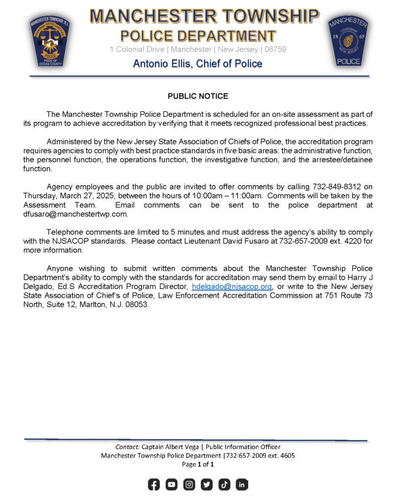 Agency Accreditation Public Notice - Manchester Police Department ...